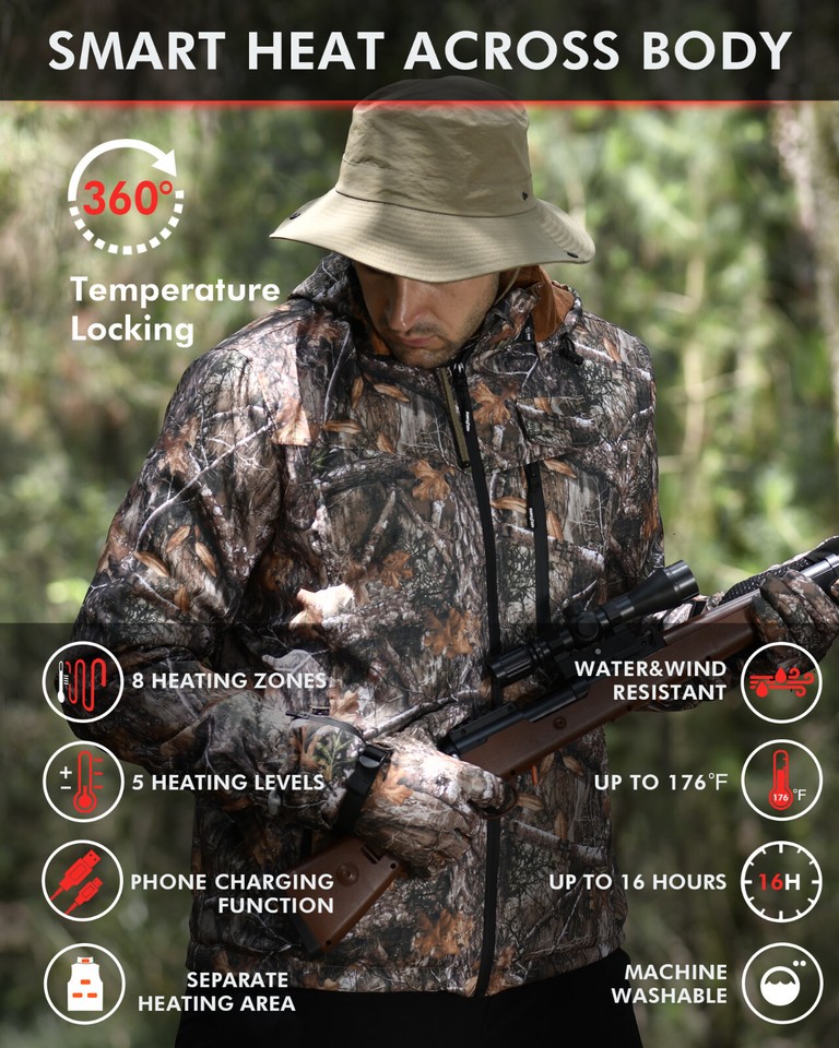 Heated Hunting Jacket with Battery, Heated Coat with Detachable Hood | eBay