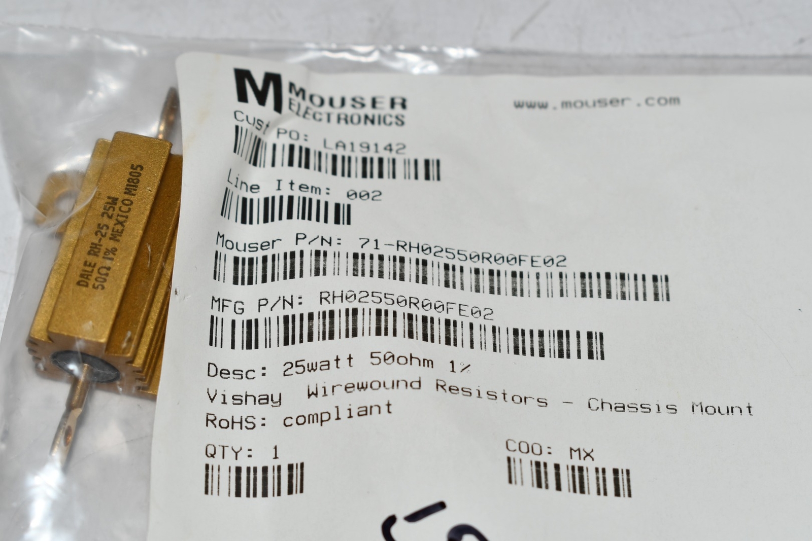 NEW VISHAY RH02550R00FE02 Resistor, 50 ohm, RH Series, 25 W, 1%, Solder ...