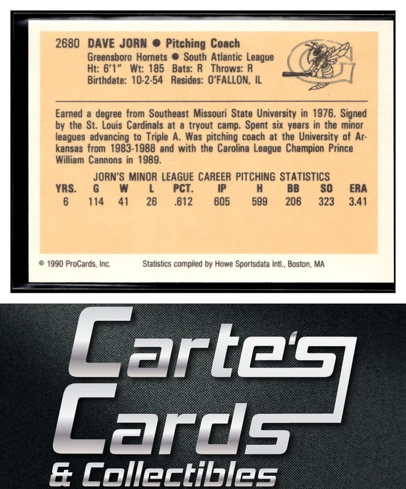 Dave Jorn 1990 ProCards #2680 Greensboro Hornets | eBay