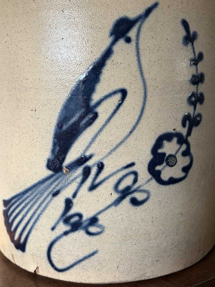 Stoneware Crock W/ Cobalt Blue Bird 3 Gal. UTICA Antique Folk Art 1800 ...