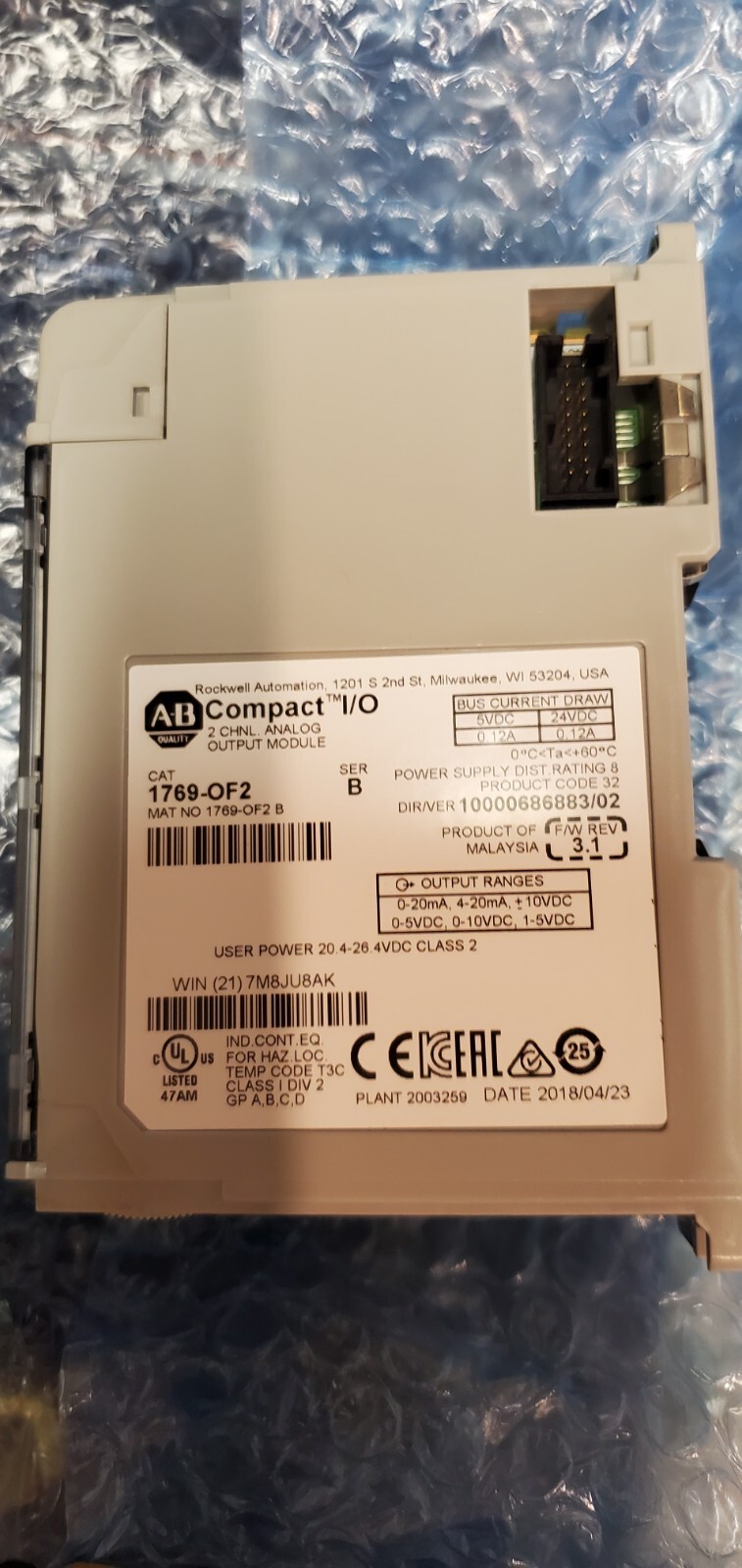 ALLEN BRADLEY 1769-OF2 /B CompactLogix ANALOG Curr/Volt Output Module 2 ...