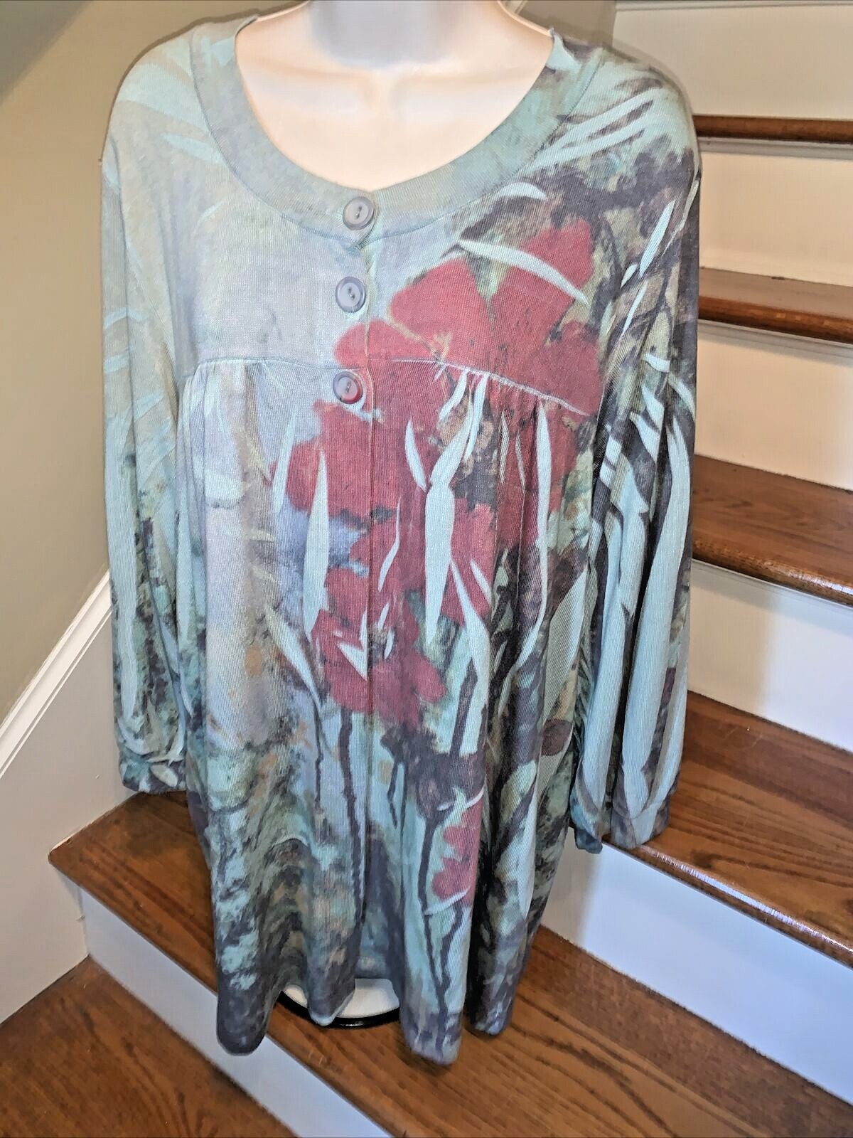 SUSAN LAWRENCE Sage Green Floral Watercolor Sweater C… - Gem