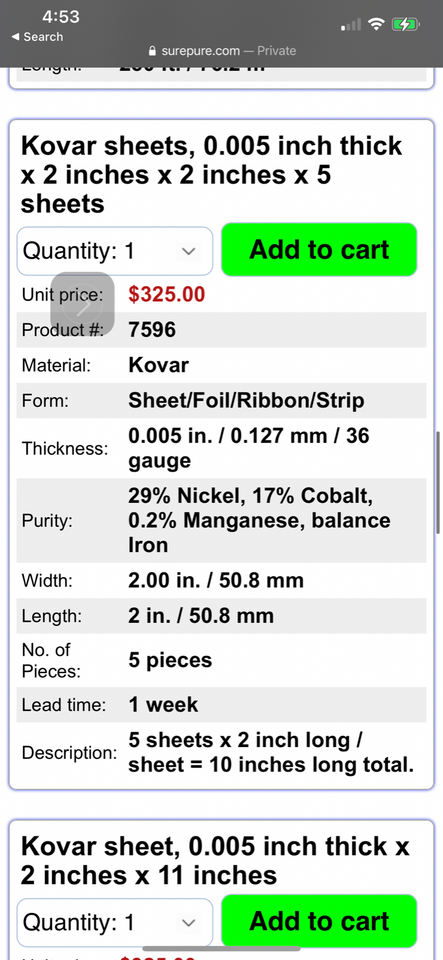 Kovar ASTM-F-15, 12x16” .005 Ed Fagan/NEA sourced aerospace quality | eBay