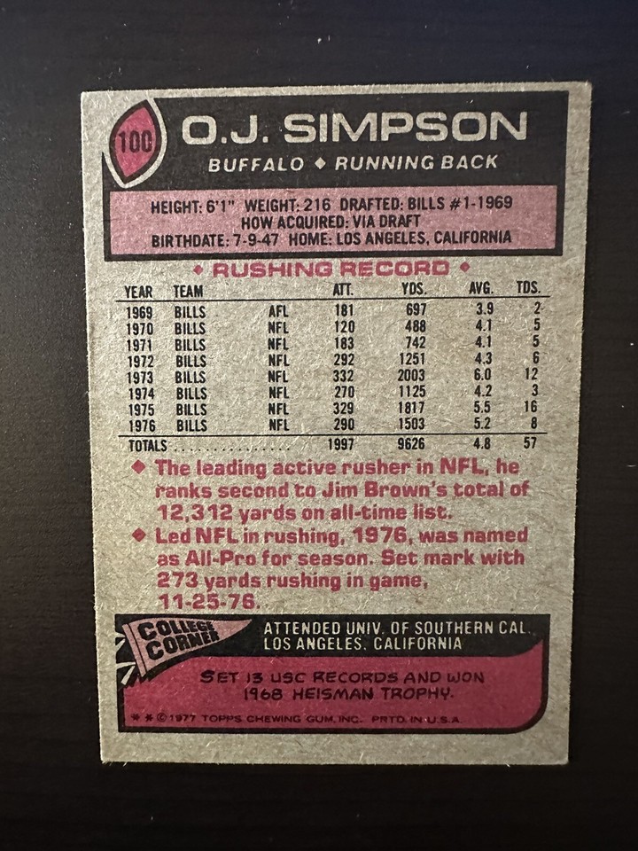 1977 Topps Football Card # 100 O.J. Simpson Buffalo Bills HOF | eBay