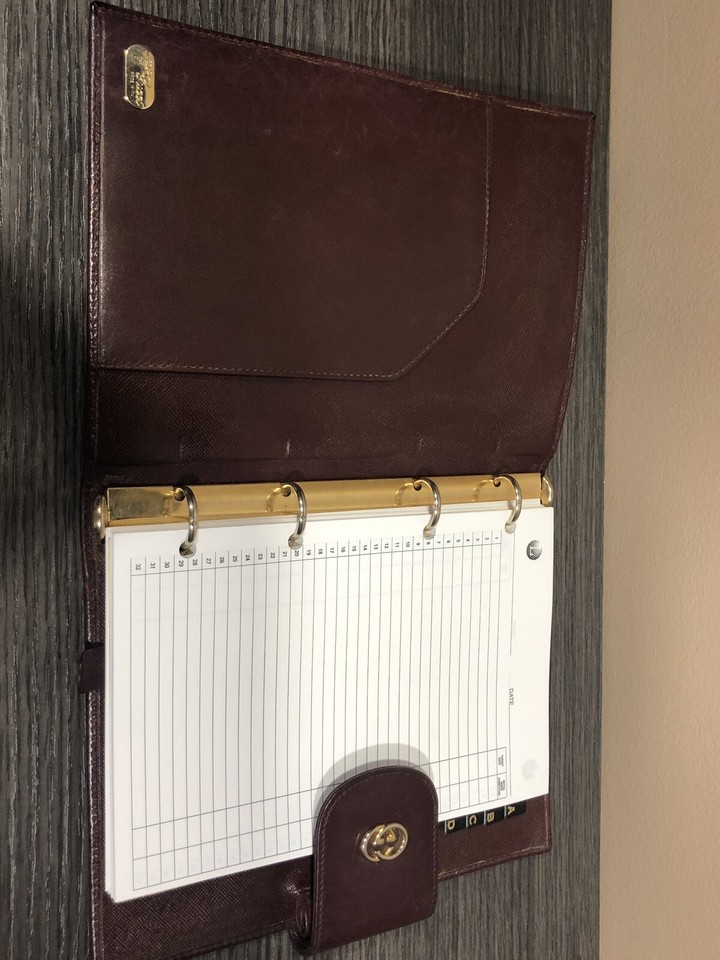 GUCCI Vintage Gold GG Logo Agenda Day Planner Binder Cover Leather ...