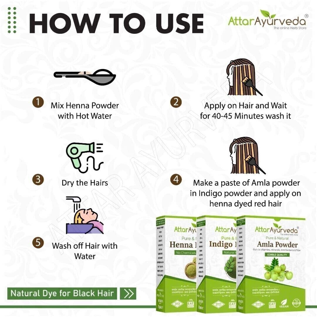 Attar Ayurveda Henna Leaves , Indigo Leaves & Amla Powder Combo (650 ...