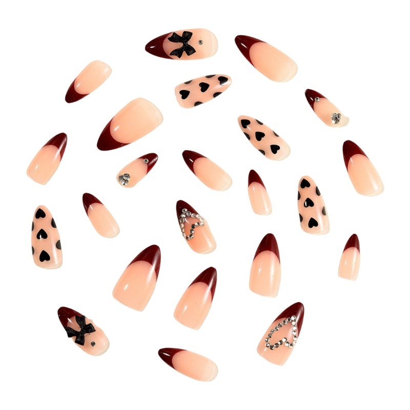 Almond Press on Nail Bows Design French Tip Fake Nail Glues on Nail Set ...