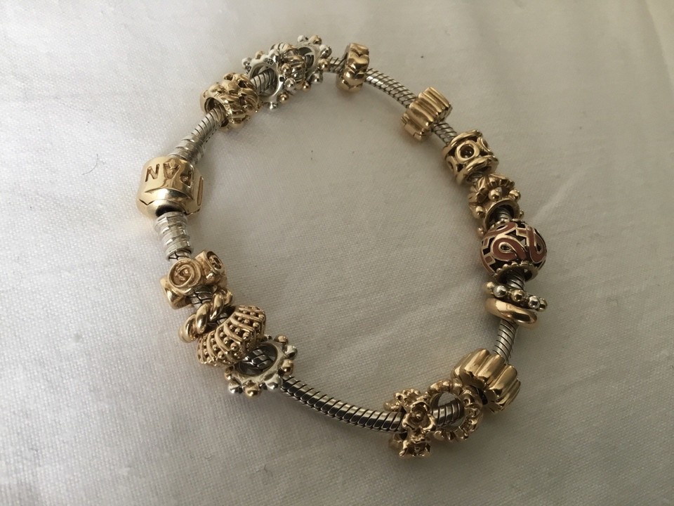 Pandora Bracelet with 14 solid 14k Gold Charms + 5 Chamilia Gold/silver ...