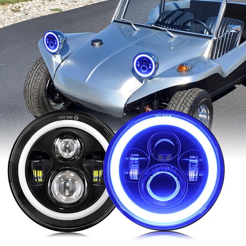 2x Fit VW Dune Buggy/Rail Buggy 7''Round LED Headlights Hi/Lo Beam Blue ...