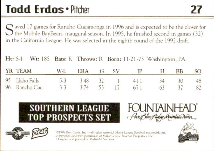 1997 Southern League Top Prospects Best 27 Todd Erdos Washington ...