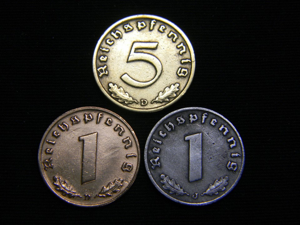 WW2 German Coins Historical WW2 Authentic Artifacts, 5 PF and Two 1 PF ...
