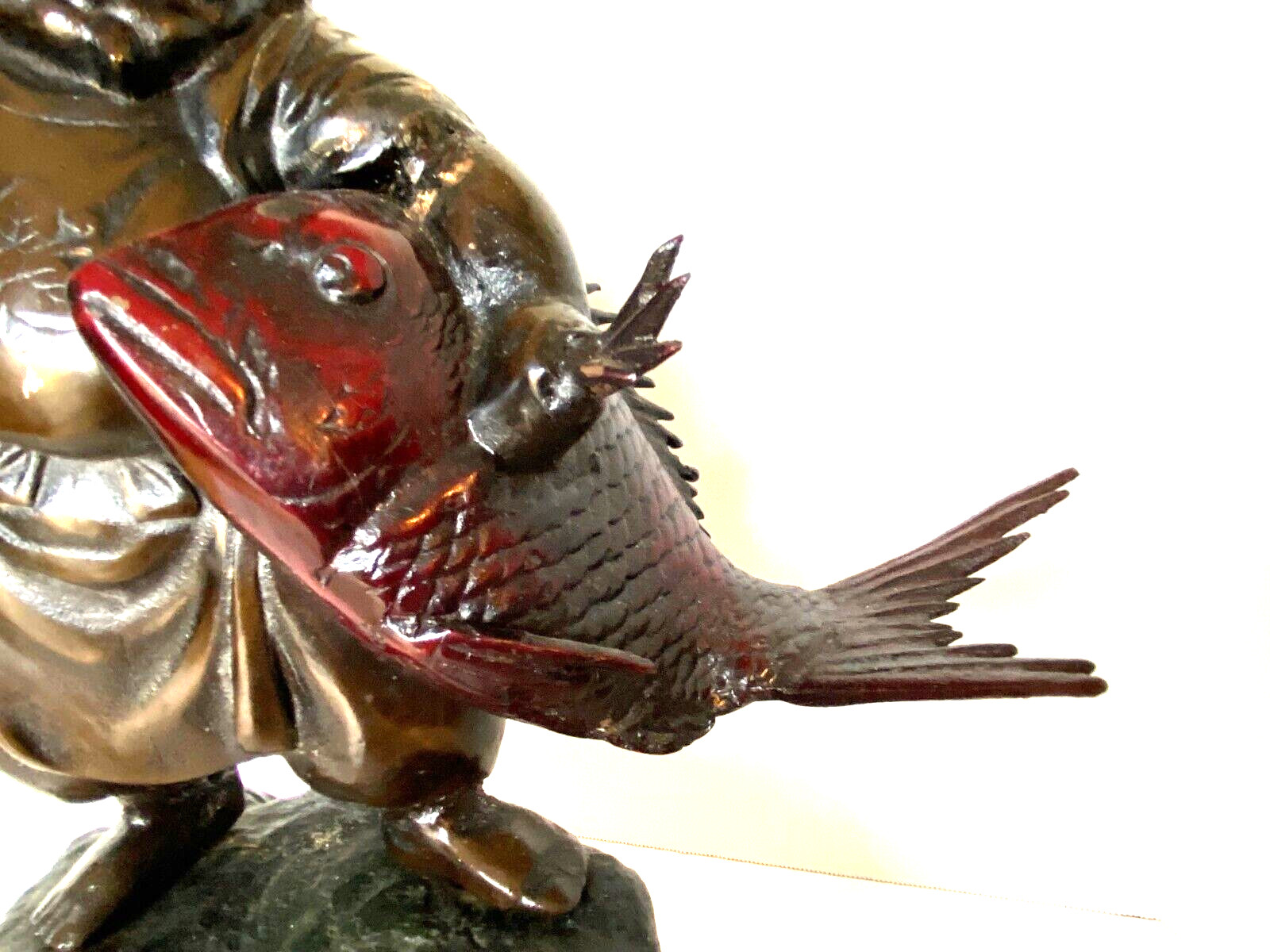 ANTIQUE Bronze/Iron EBISU GOD with Fish Statue ~ Japanese Taisho/Showa ...