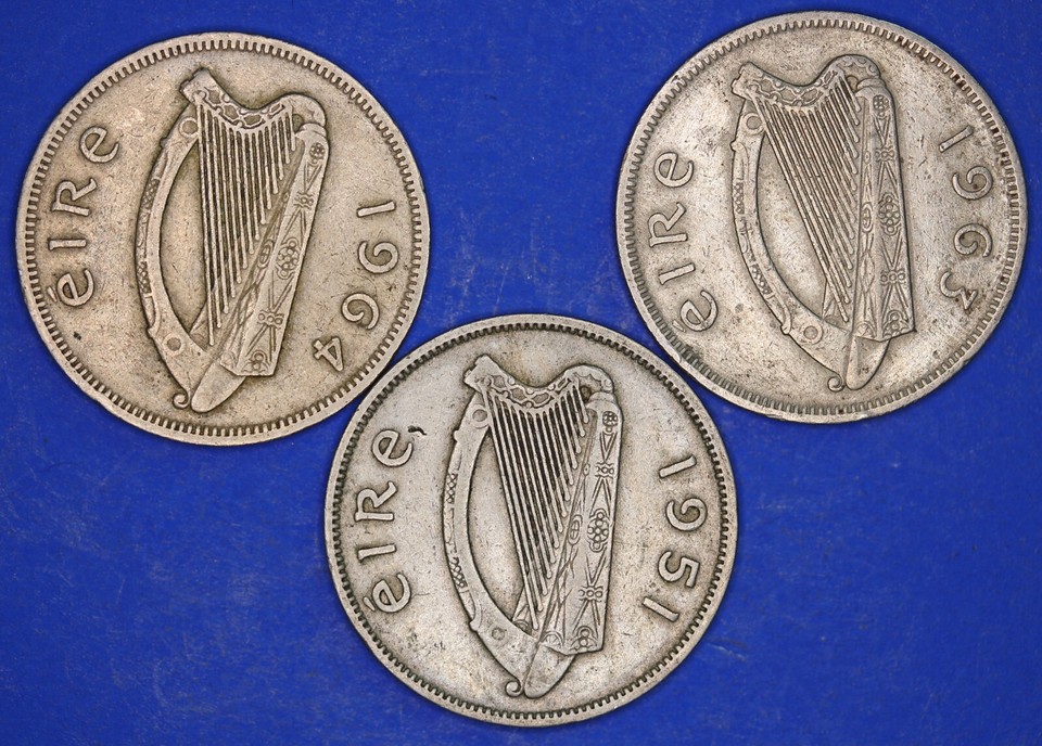 3x Ireland Eire Irish Florin Two Shillings, Salmon coins, Various Dates ...