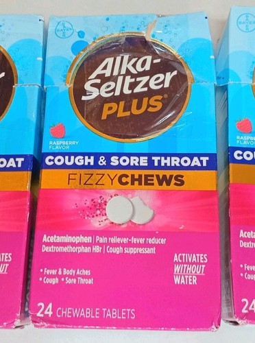 SIX Alka-Seltzer Plus Cough & Sore Throat Fizzy Chews 24 Raspberry ...