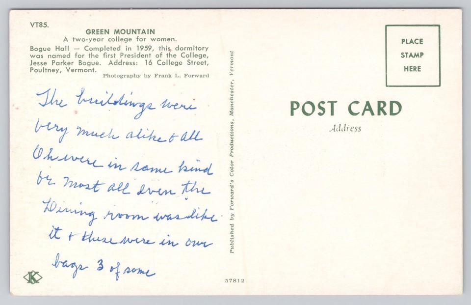 Vintage Green Mountain College Bogue Hall Dormitory Postcard VT85 1959 ...