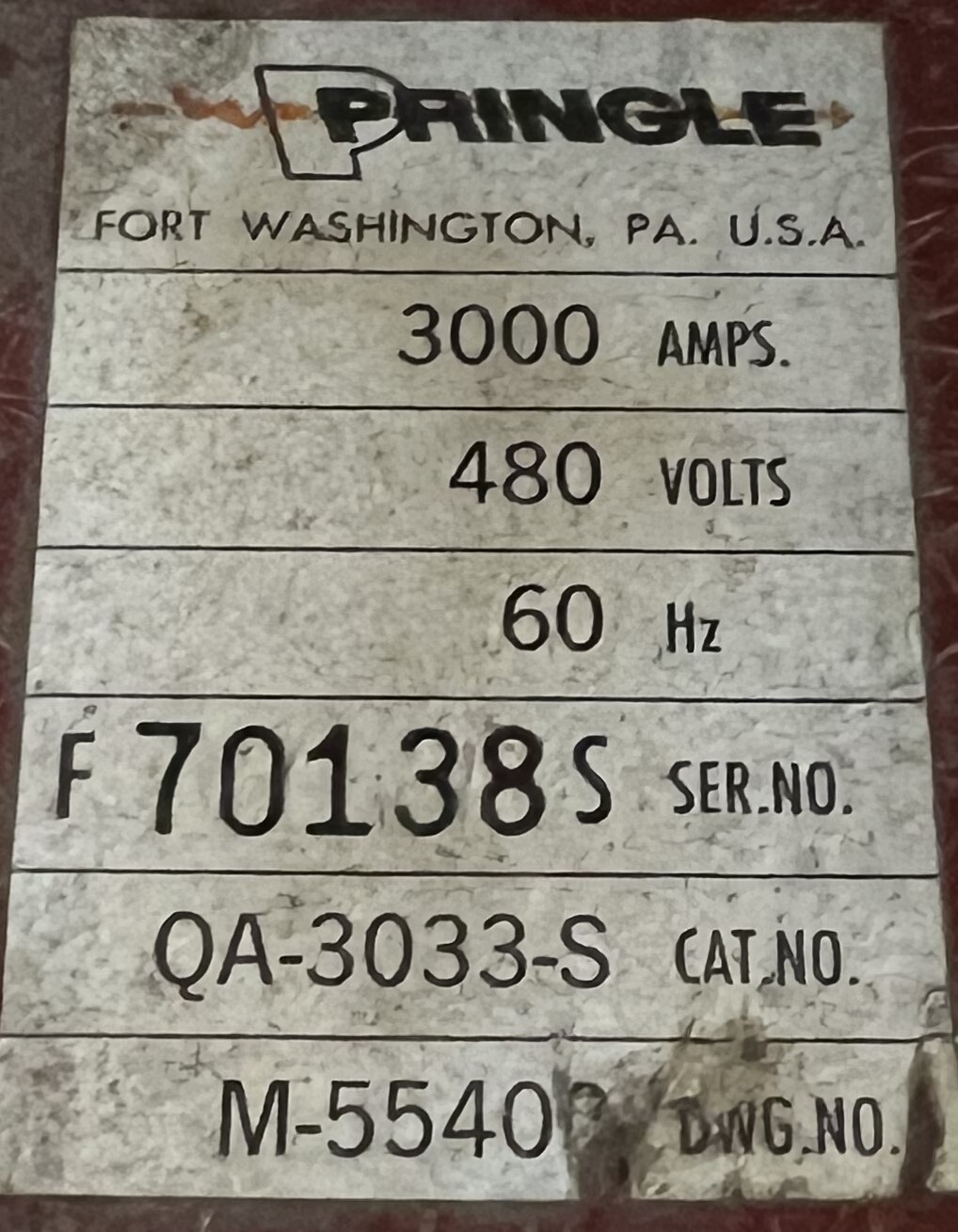 EATON PRINGLE SWITCH 3000 AMP 480 VOLTS 60 Hz CAT# QA3033S | eBay