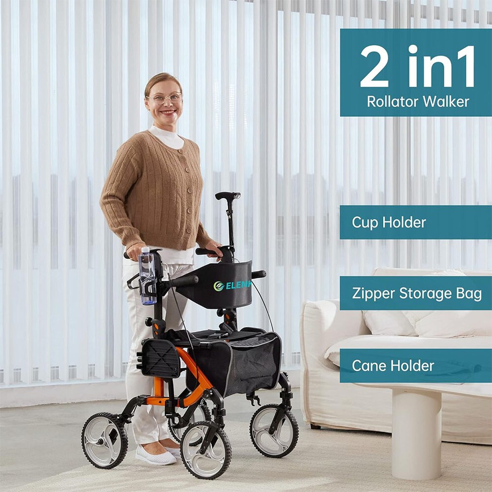 2 in 1 10” ELENKER Deluxe Medical Rollator Walker Walking Wheelchair ...