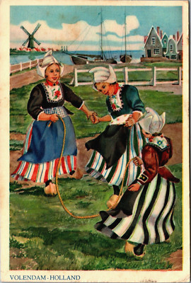 Netherlands Volendam Girls in Traditional Clothes Vintage Postcard B150 ...