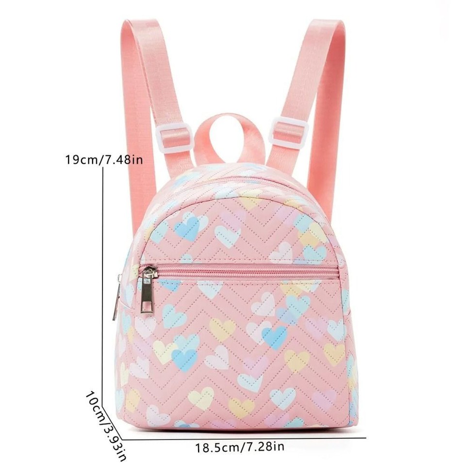 Heart Print Quilted Backpack Pink Small School Bag Cute Travel Rucksack ...