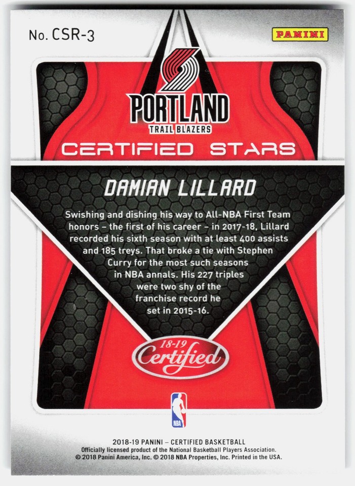 2018-19 Certified Certified Stars Damian Lillard #CSR-3 Portland Trail ...