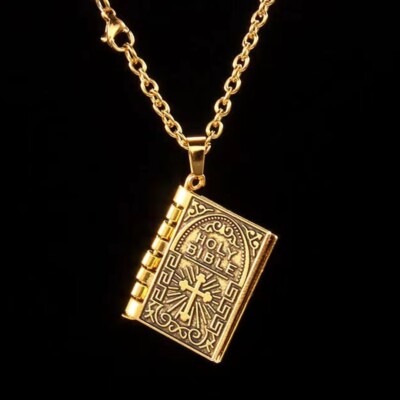 Gold Holy Bible Pendant Lord's Prayer Necklace Chain Catholic Jewelry ...