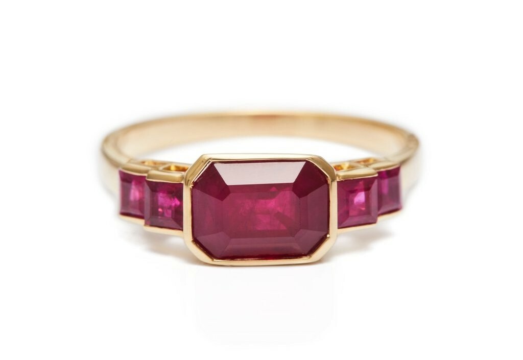 1.65ct Lab-Created Pink Ruby Engagement Ring Five Stone Yellow Gold ...