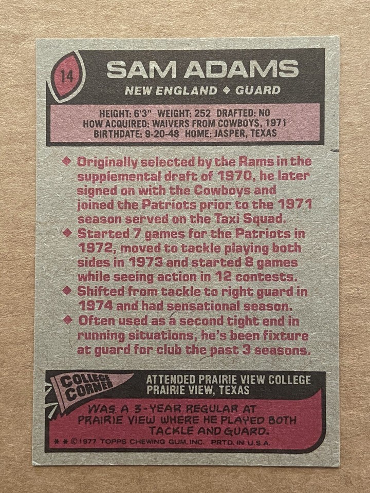 SAM ADAMS Signed 1977 Topps #14 New England Patriots Prairie View ...
