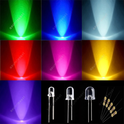 50 × LED Light White Red Green Blue Yellow Purple Pink 3mm 5mm 10mm 9V ...
