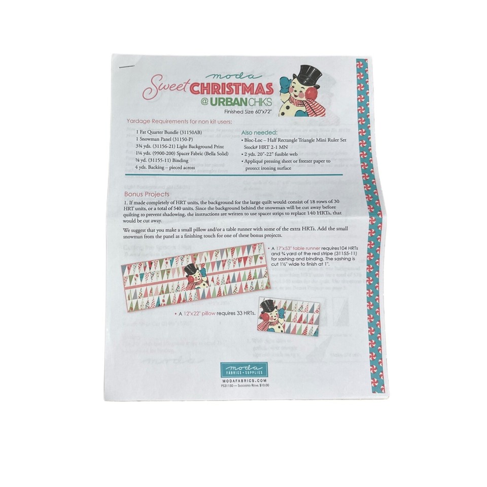 Moda Sweet Christmas LARGE Snowman Panel With Full Directions for Quilt ...