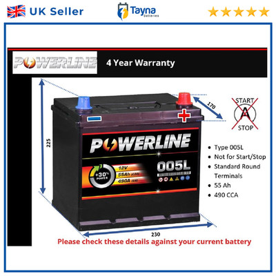 Car Battery 005L Powerline 005L 490A 55Ah 4Yr Warranty 230x170x225 ...