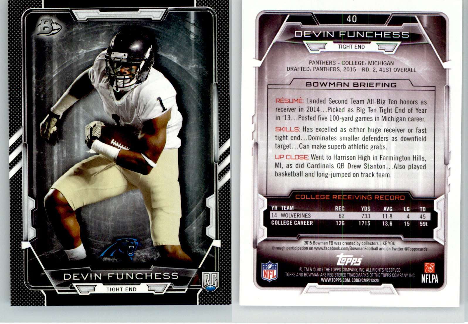 Devin Funchess 2015 Bowman Black #40 Michigan Panthers RC Rookie | eBay