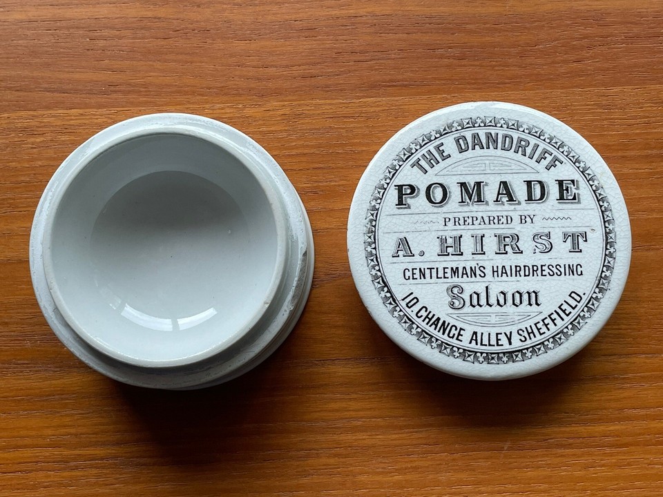 HTF Antique Victorian Porcelain Threaded Pomade Jar Advertising Saloon ...