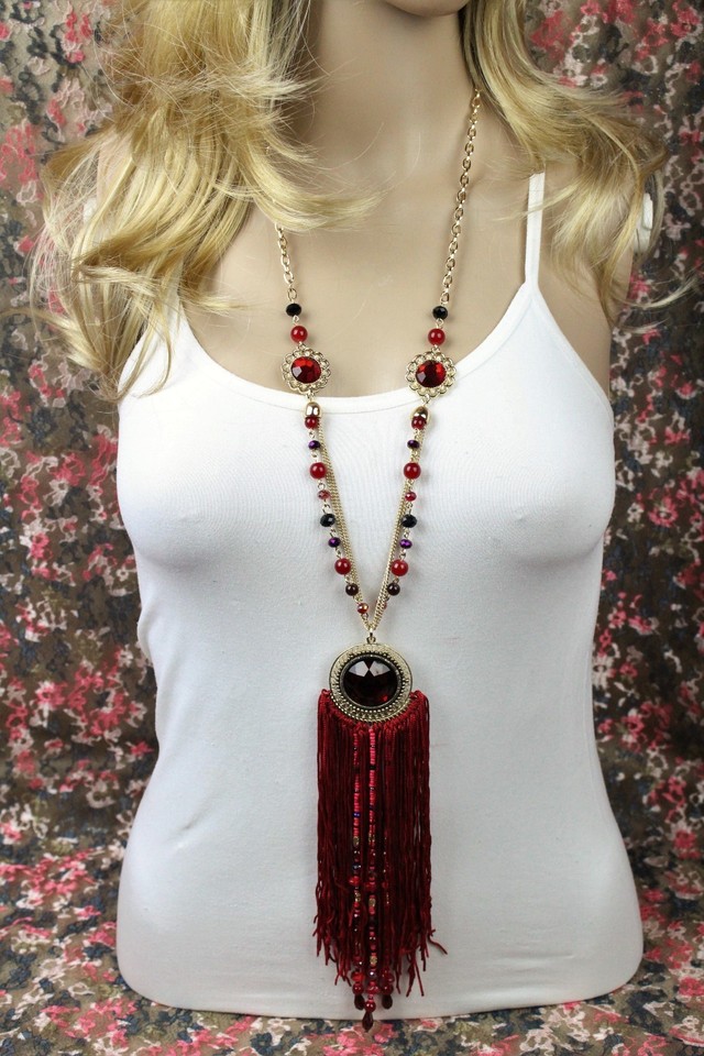 Long Fringe Necklace Set W Large Colored Rhinestones, Filigree & Yarn ...