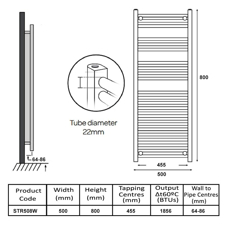 White Radiator 22mm Straight High Btu 500mm Wide x 800/1000/1200 ...