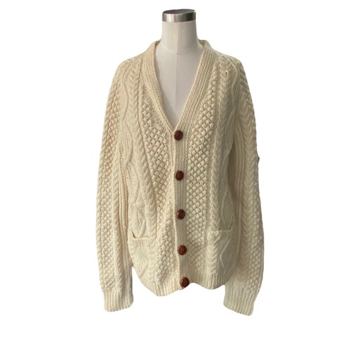CARRAIS Irish Bainin wool Cardigan Creme Fishermen Traditional Hand ...