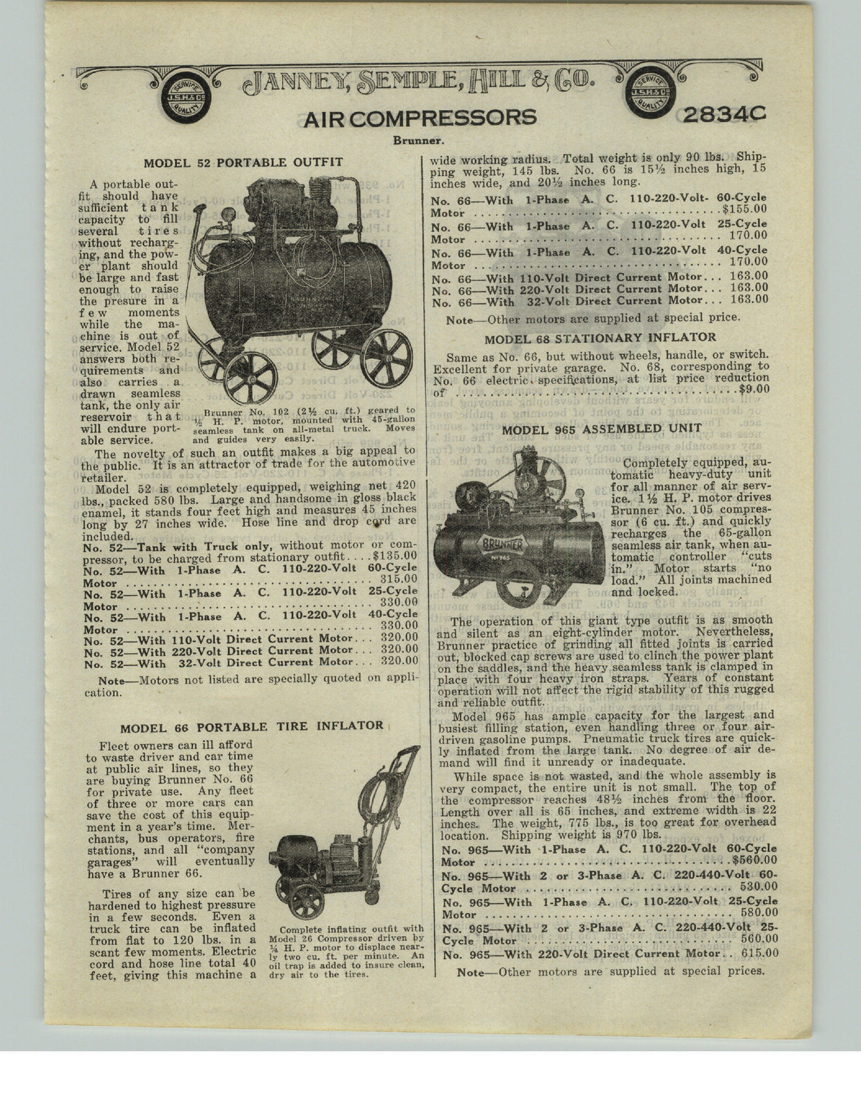 1924 PAPER AD 3 PG Brunner Air Compressor Portable Model 52 102 932 66 ...