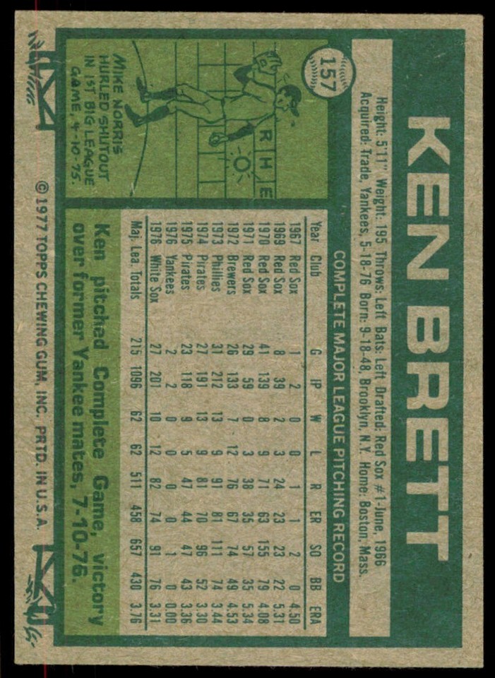 1977 Topps Vintage Baseball Card Ken Brett Chicago White Sox #157 | eBay