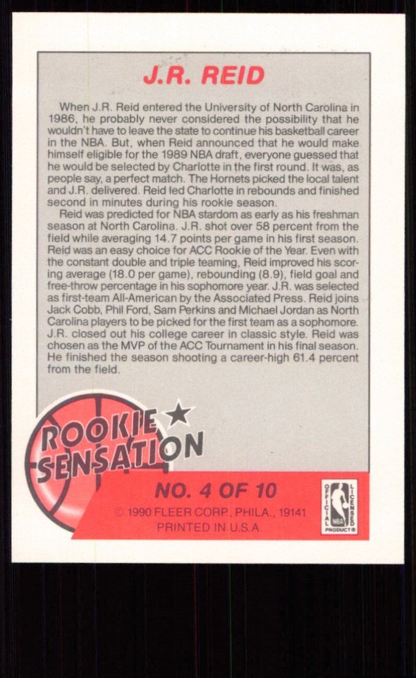 1990-91 Fleer Rookie Sensations J.R. Reid Charlotte Hornets #4 | eBay