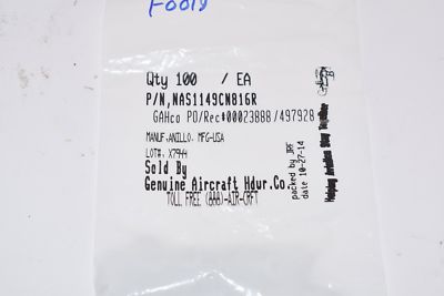Pack of 100 NEW NAS1149CN816R National Aeronautical Standard Flat ...