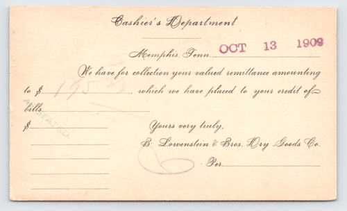 1909 B Lowenstein Dry Goods Postcard Memphis TN Cashier Remittance ...