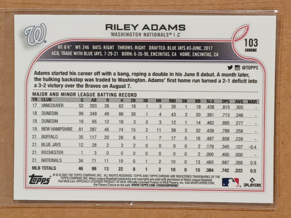 2022 Topps Chrome #103 Riley Adams Rookie Card RC | eBay