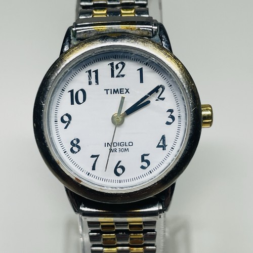 Timex Watch Women 25mm Indiglo Gold Silver Two Tone White Dial WR30M ...