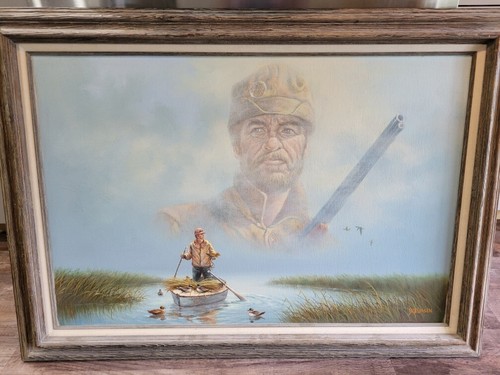 Bill Larsen Signed Original Oil Painting Duck Hunting Hunter Marsh Boat ...