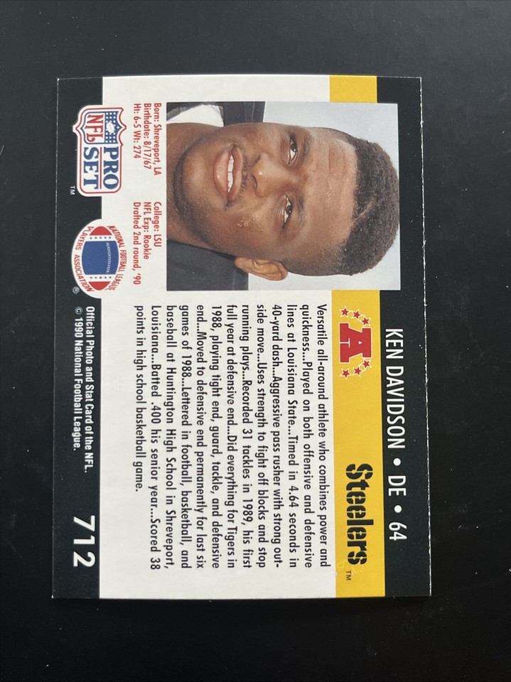 1990 Pro Set Ken Davidson Rookie Pittsburgh Steelers #712 C4 | eBay