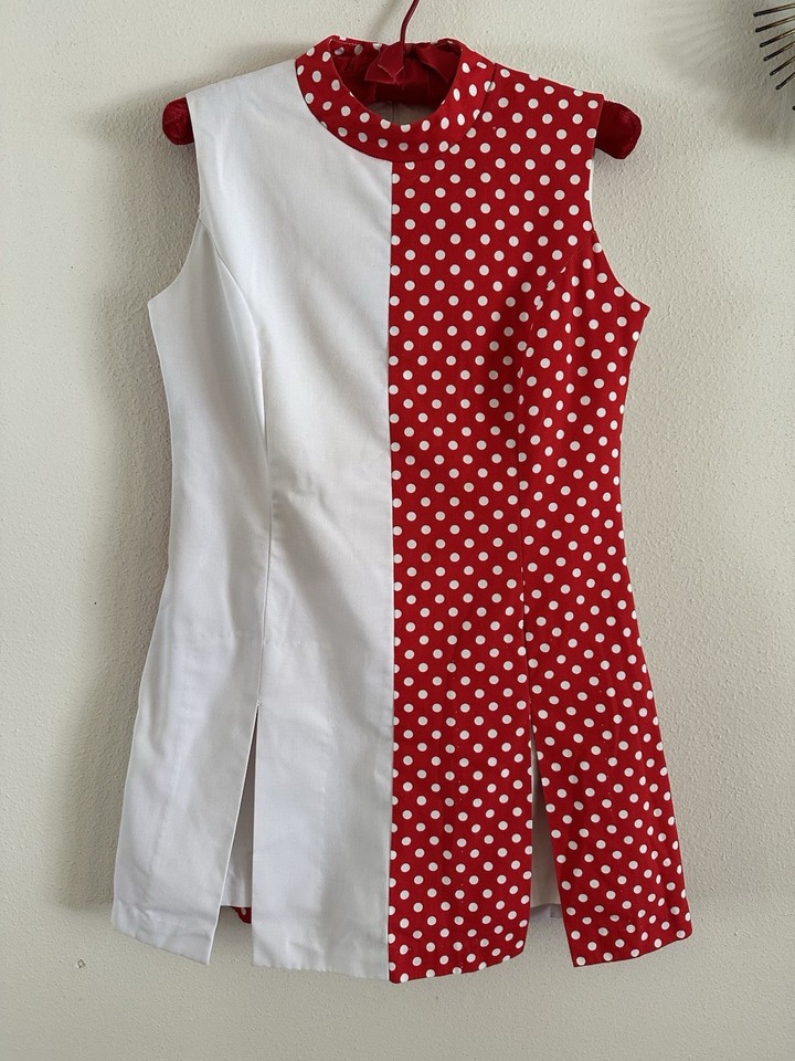 1960s Loungees Babydoll Mini Tennis Dress Playsuit Romper Mod Polka Dot ...