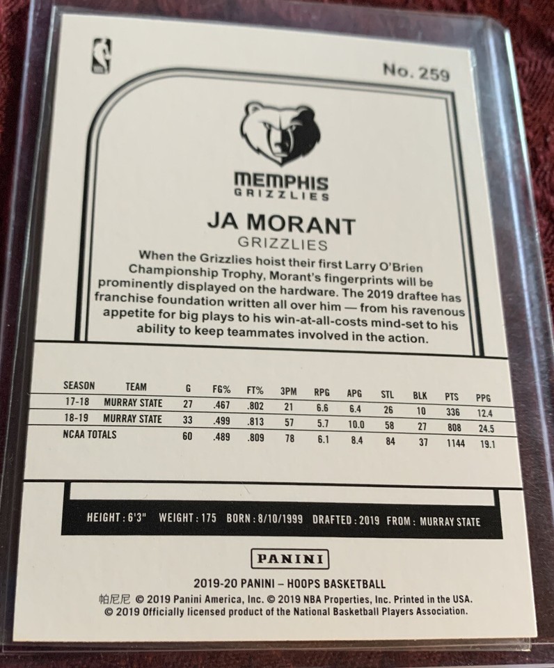 Ja Morant 2019-20 NBA Hoops Rookie Card RC # 259, Memphis Grizzlies | eBay