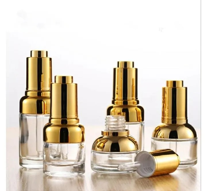 Clear Luxury Dropper Glass Bottle New Empty/ Metalized Gold Press ...