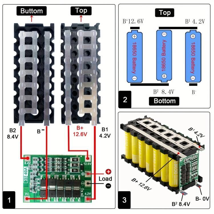 12V 3S 7P 40A BMS Li-ion Battery Pack DIY Kits Case Holder for 18650 ...