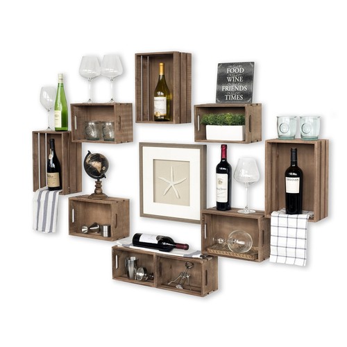Rustic Wine Rack Storage Baskets Wall Mount Wooden Crates Walnut Set of ...