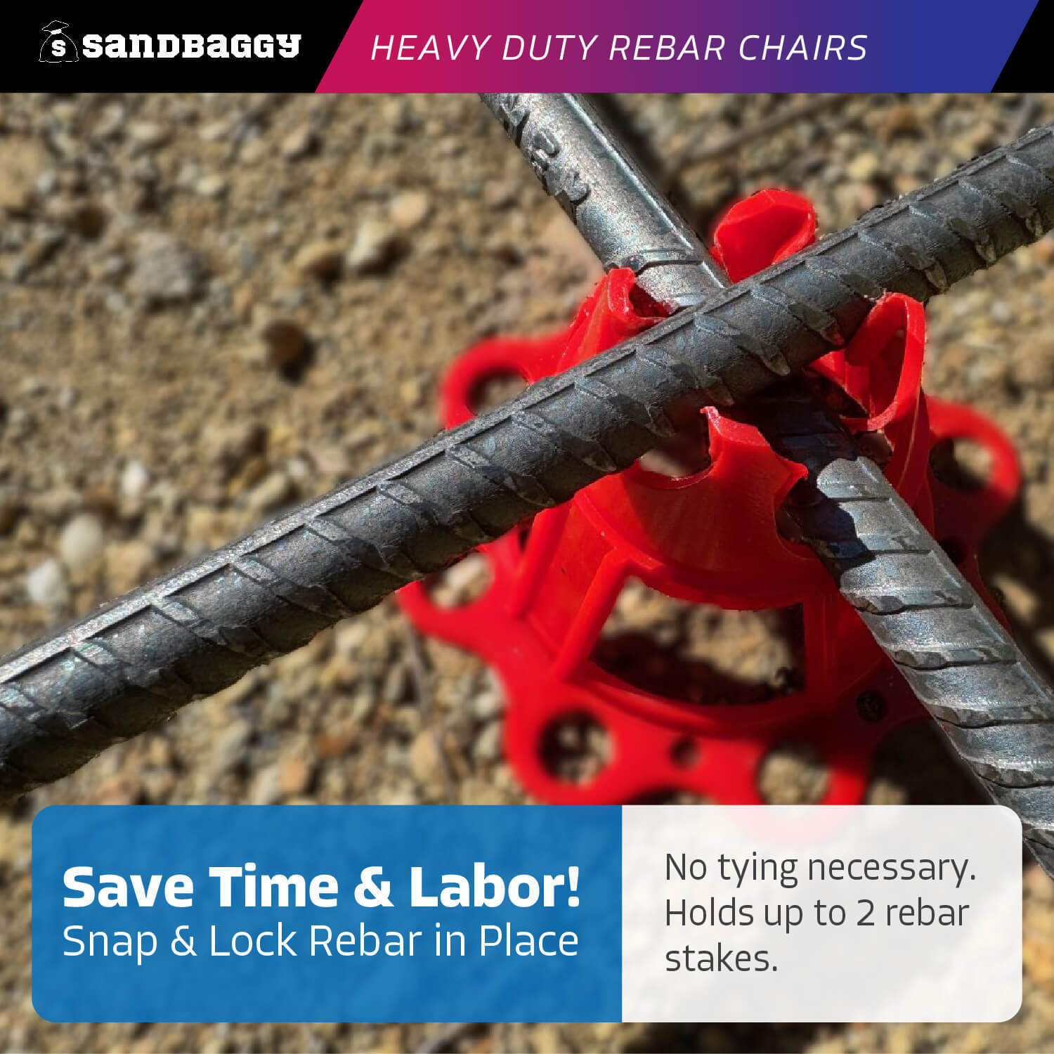 Sandbaggy Plastic Rebar Chair - Elevates Rebar 1 ½" or 2" - Rebar #3 to ...
